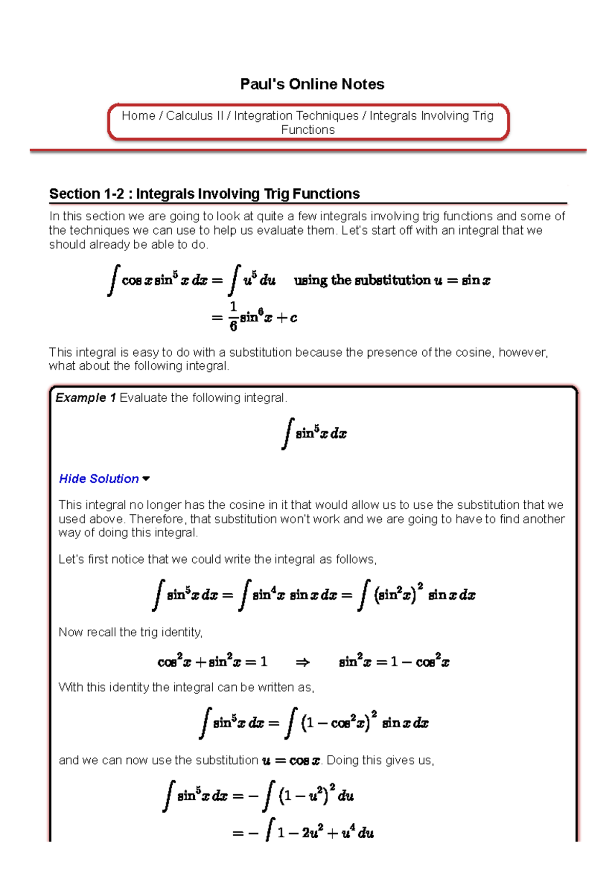 Pauls Online Notes Integrals 6 Integration of trig functions - Paul's ...