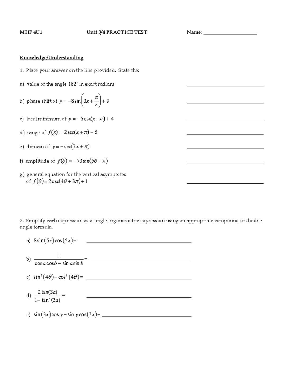 Unit 4 Practice Test Mhf 4u1 Unit 3 4 Practice Test Name