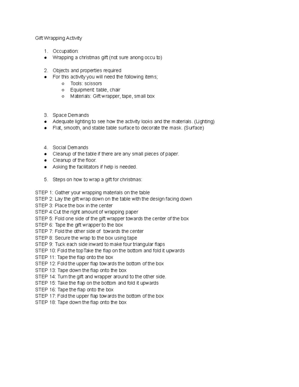 AA - Gift wrapping activity - Gift Wrapping Activity 1. Occupation ...