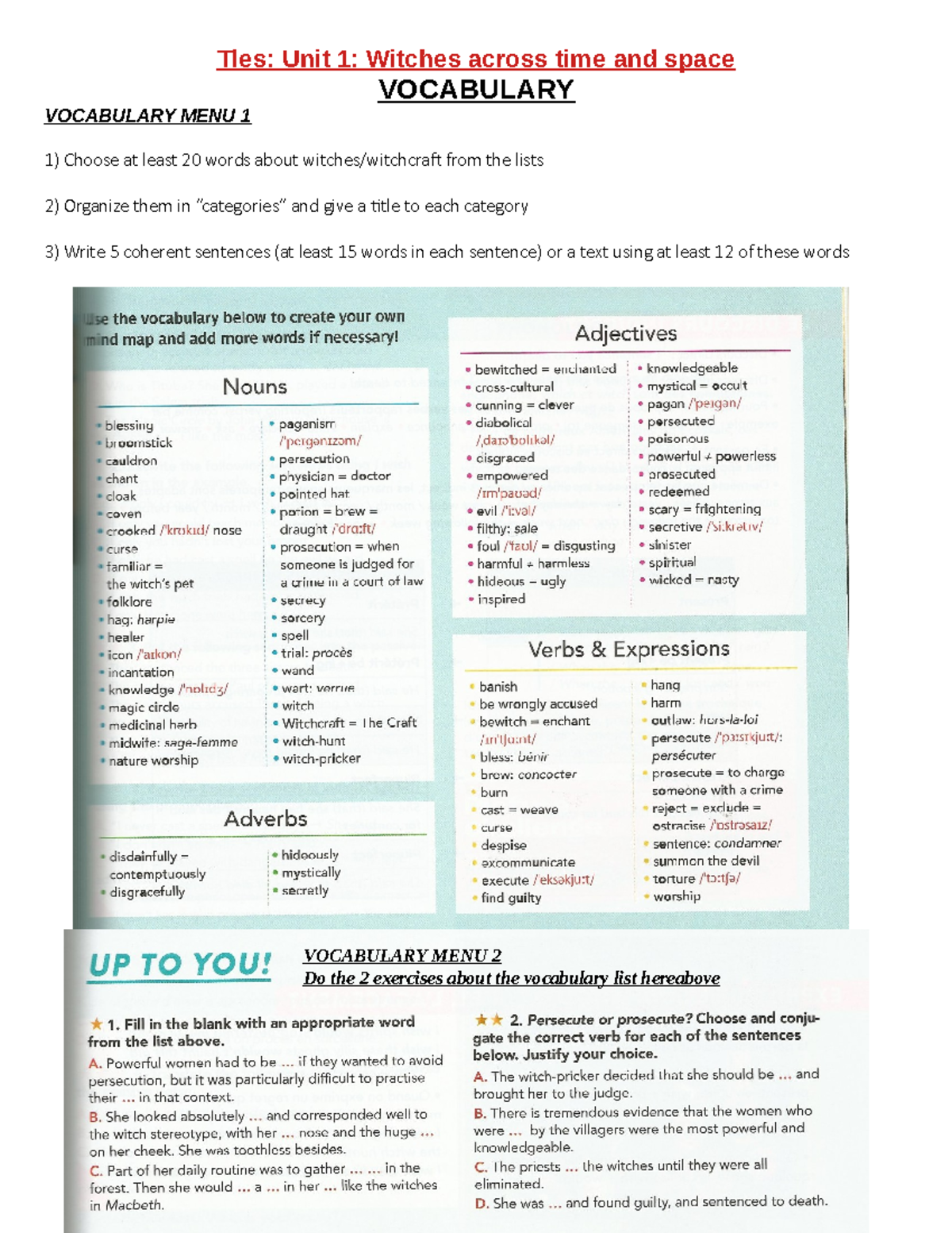 Tles Witches vocabulary - Anglais - Tles: Unit 1: Witches across time ...