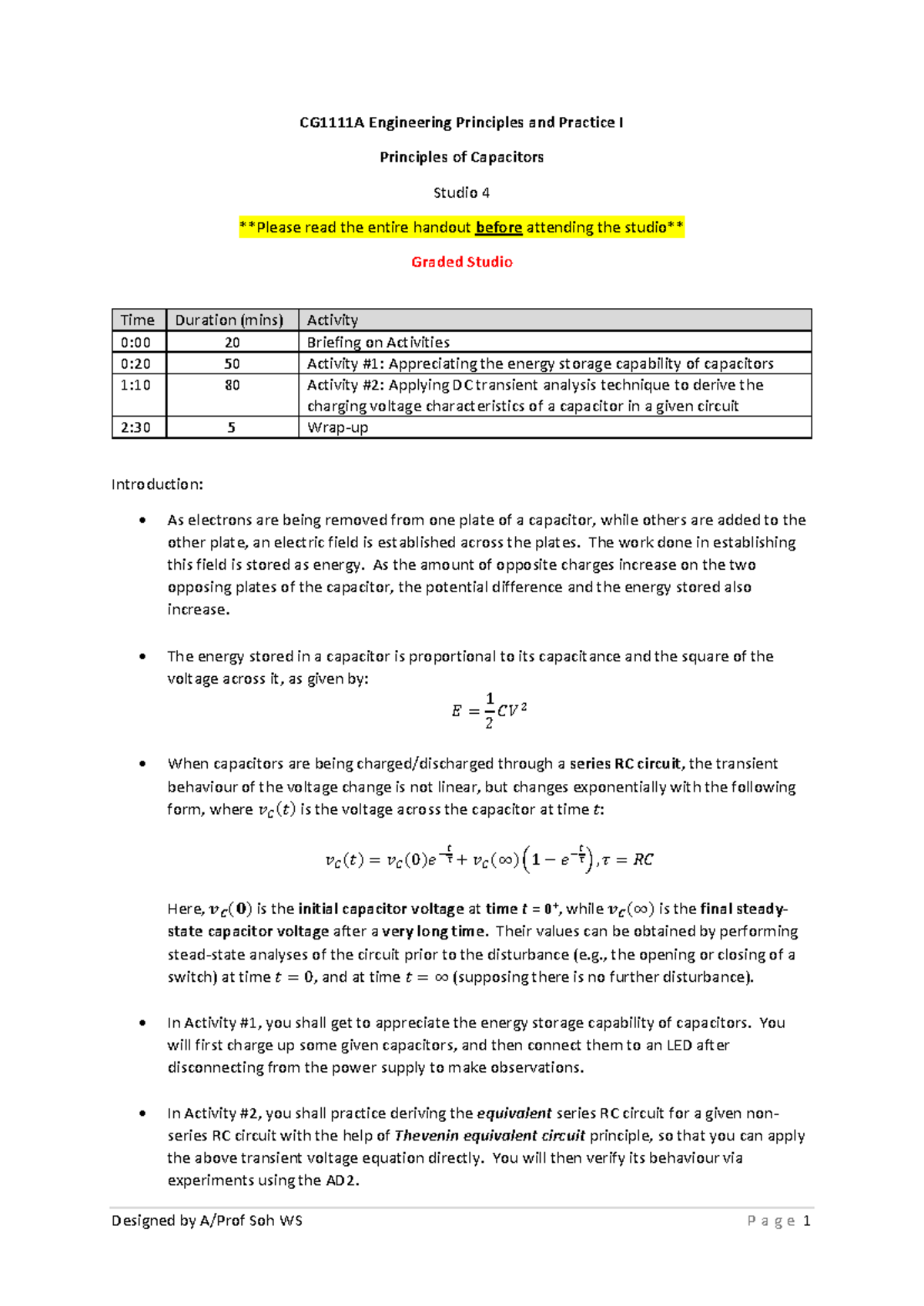 CG1111 A Studio 4's Handout (Capacitors) - CG1111A Engineering Principles and Practice I ...