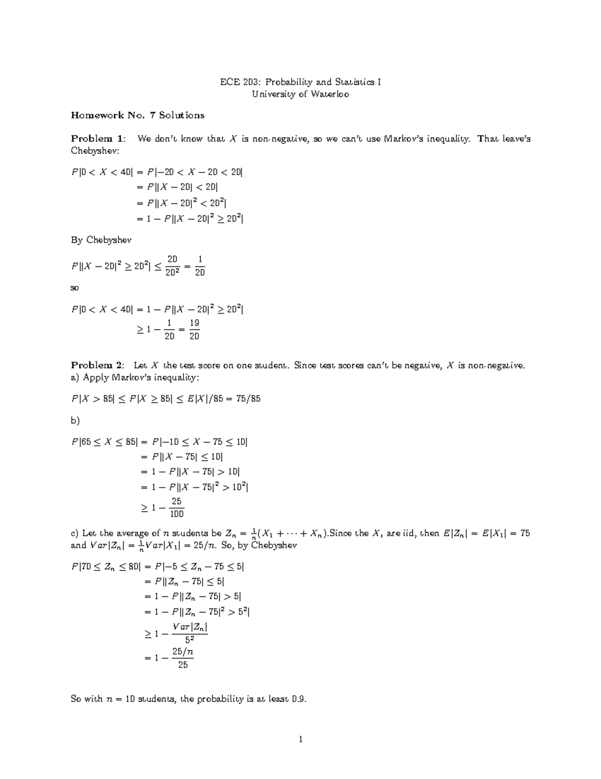 Homework 7 solution - ECE 203: Probability and Statistics I University of Waterloo Homework No ...