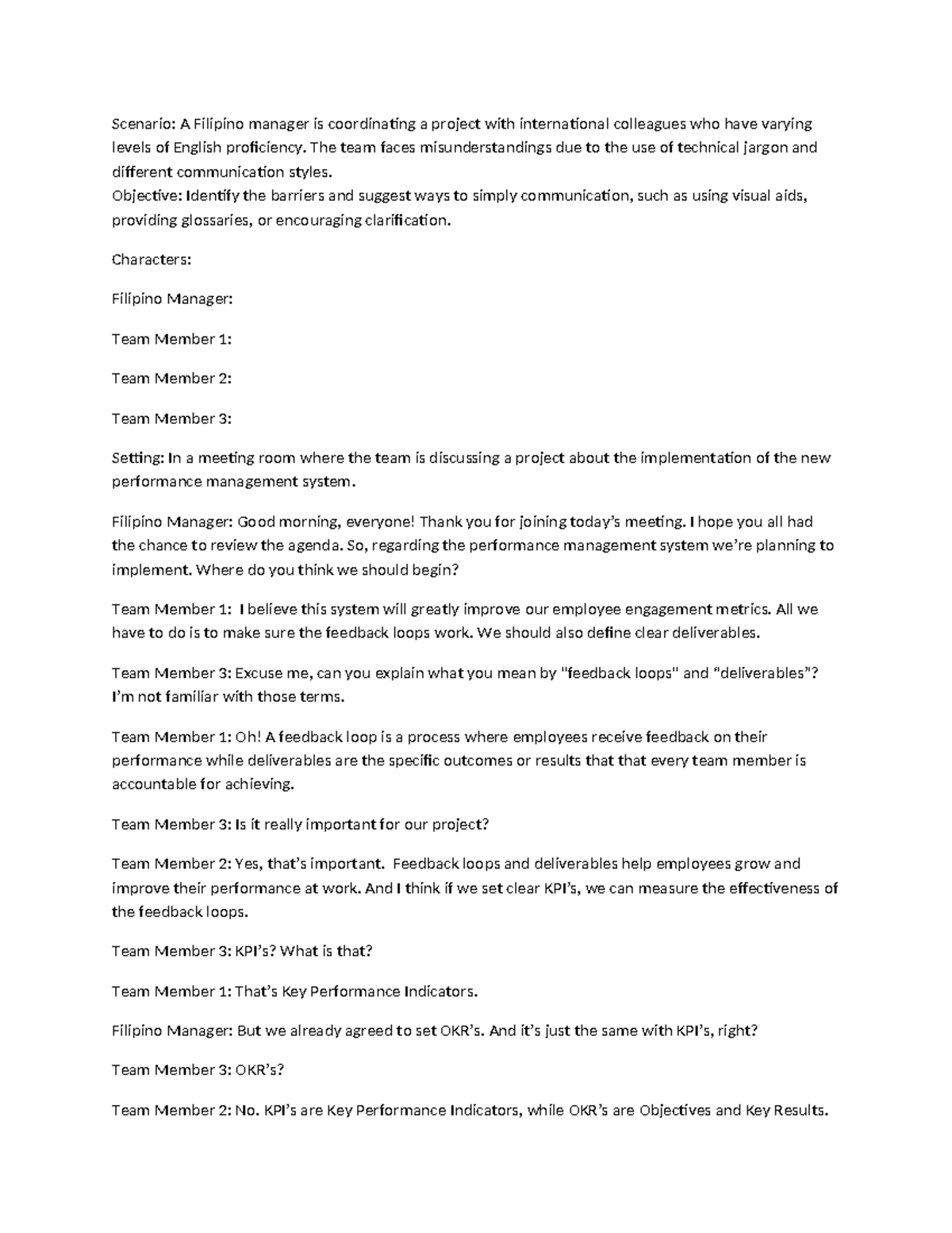 Script - Business meetings report scenario - Scenario: A Filipino ...