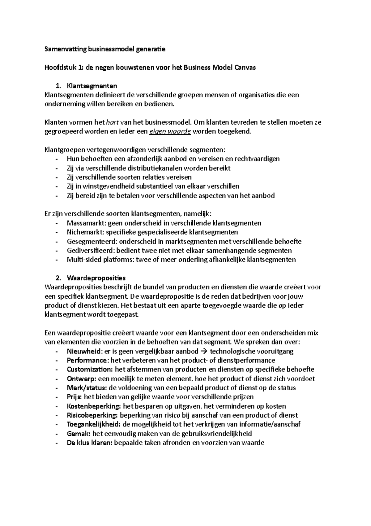 Samenvatting Businessmodel generatie - Samenvatting businessmodel ...