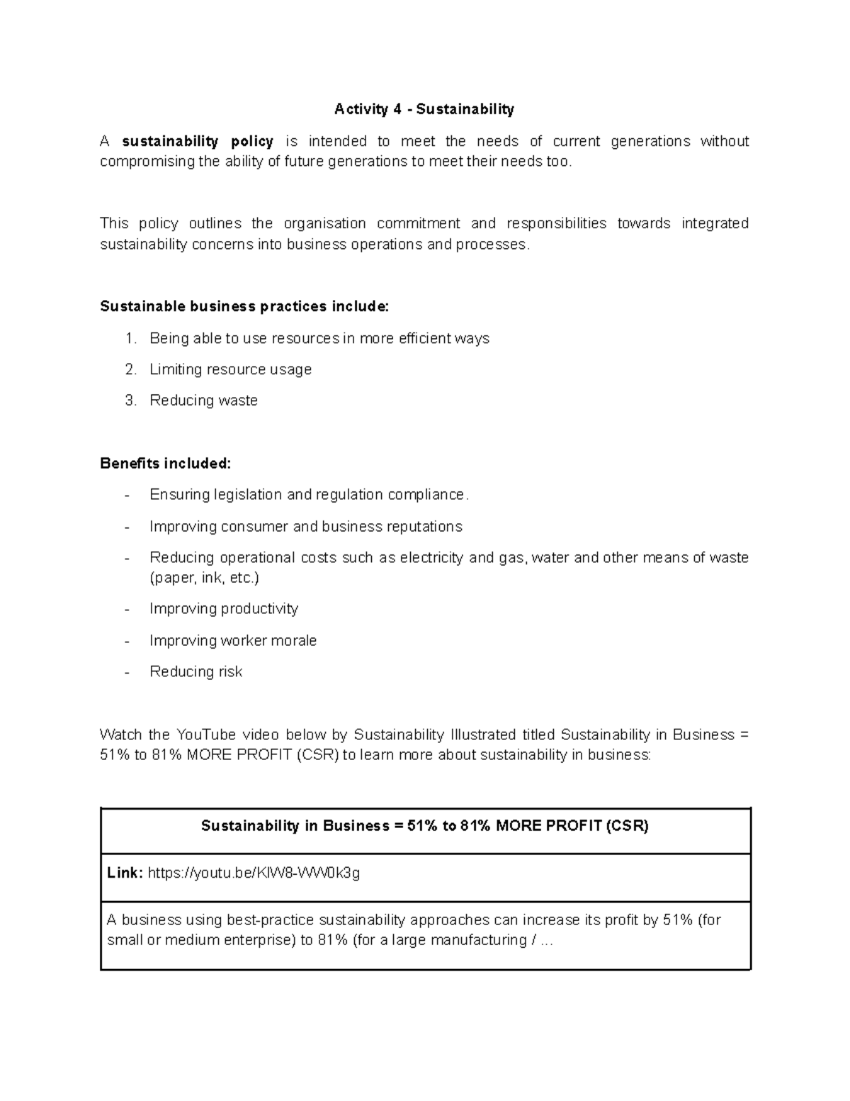 PACE - Sustainability - Activity 4 - Activity 4 - Sustainability A ...