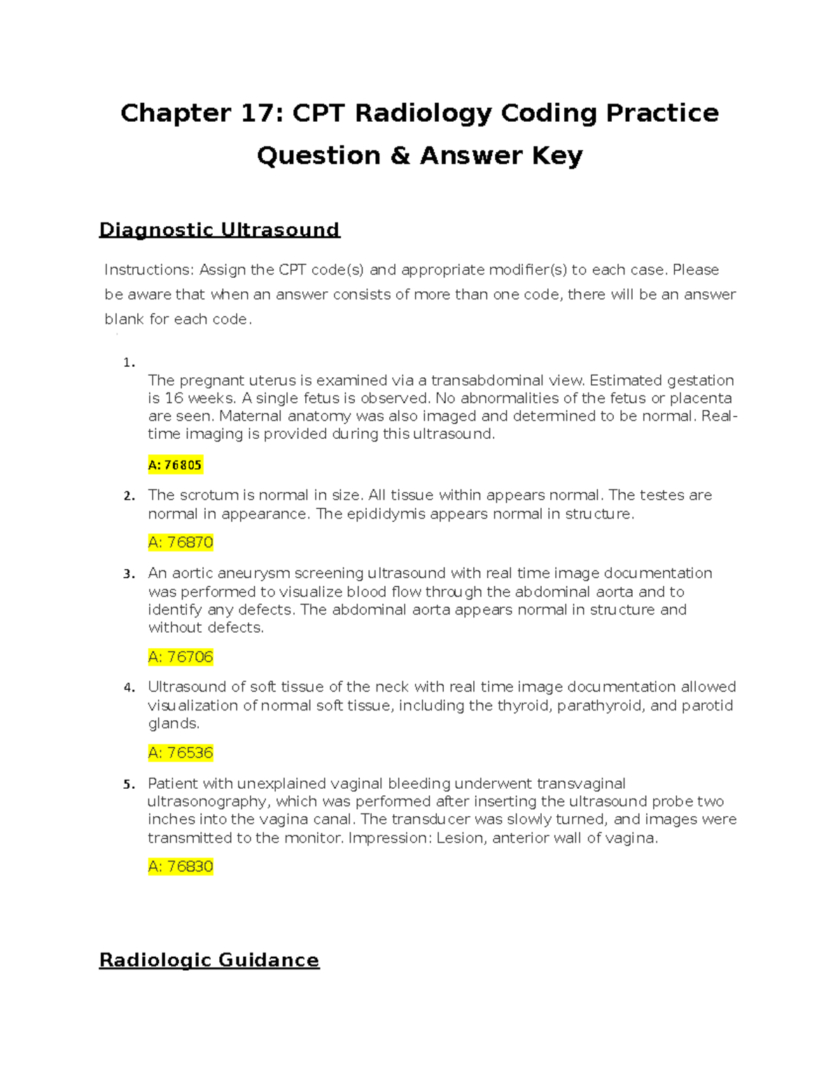 Chatper 17 CPT Radiology Coding Practice Chapter 17 CPT Radiology