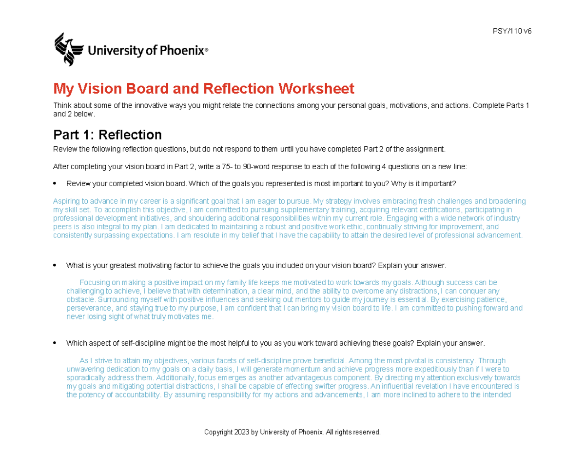 Psy110 v6 wk5 my vision board and reflection worksheet - PSY/110 v My ...