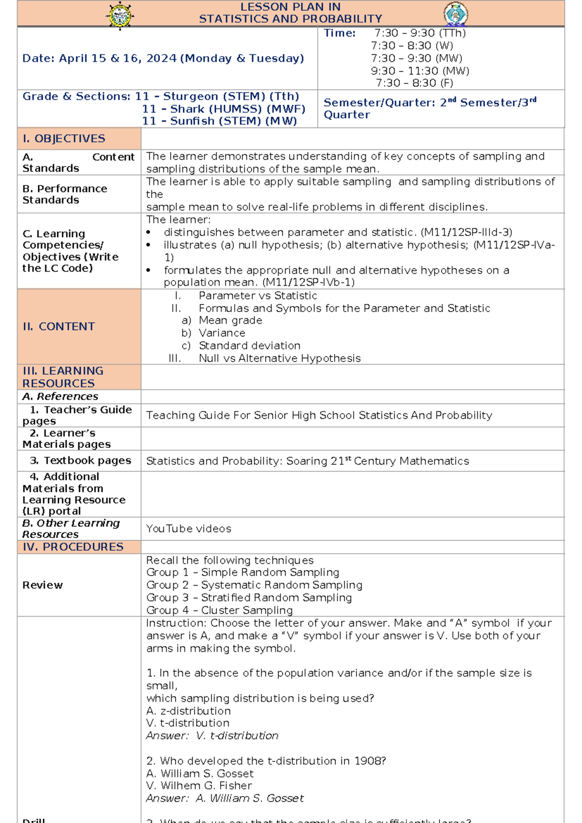 Parameter& Statistic - LESSON PLAN IN STATISTICS AND PROBABILITY Date ...