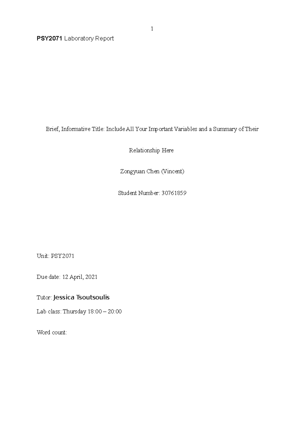 PSY2071 Lab Report Template 2021 Final 2 - Brief, Informative Title ...