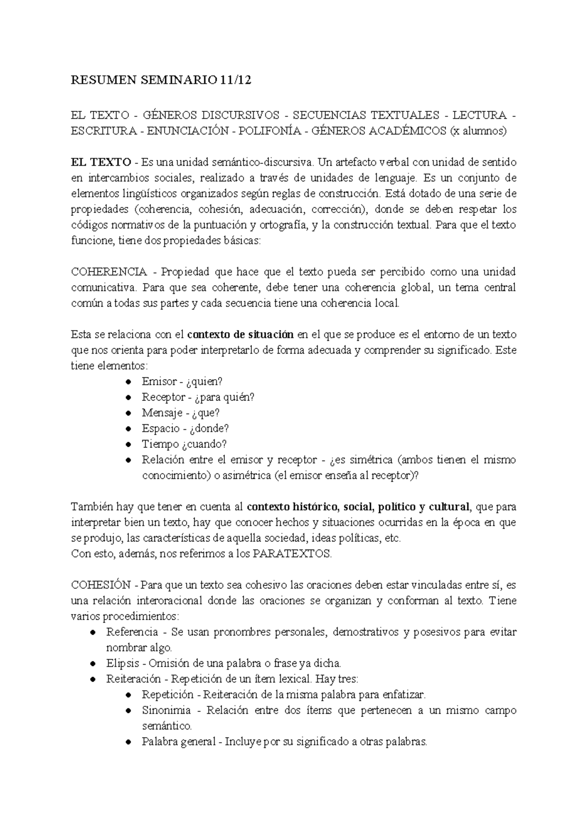 Resumen Seminario 11 12 - RESUMEN SEMINARIO 11/ EL TEXTO - GÉNEROS ...