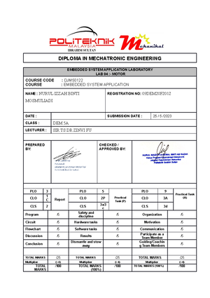 LAB Experiment 3 ES F2012 - DIPLOMA IN MECHATRONIC ENGINEERING EMBEDDED SYSTEM APPLICATION - Studocu
