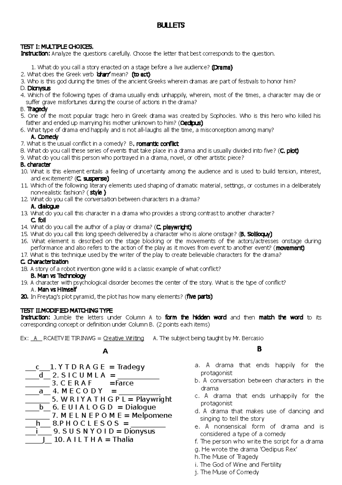 Bullets - reviewer - BULLETS TEST I: MULTIPLE CHOICES. Instruction ...