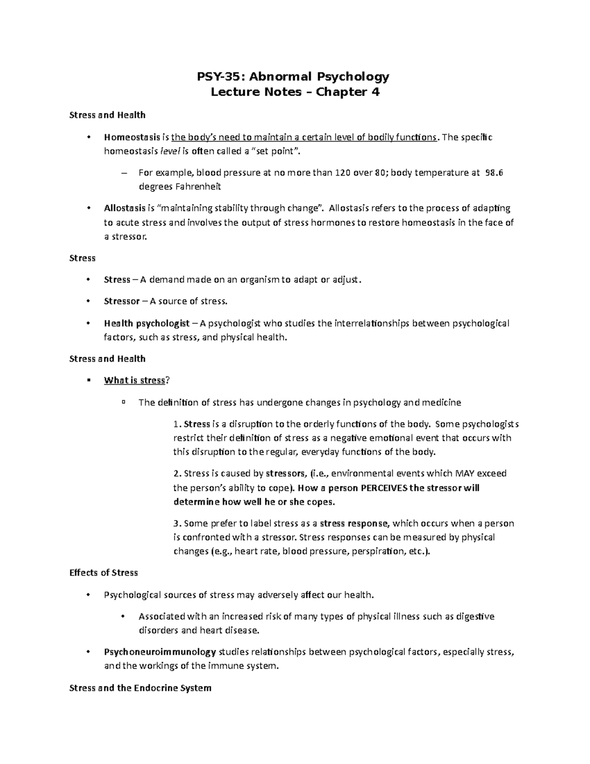 Chapter 4 Lecture Notes - Stress Related Disorders - PSY-35: Abnormal ...