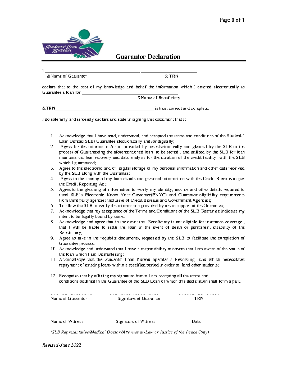 Declaration Form (for Guarantor Targeted) June 2022 - Page 1 of 1 ...