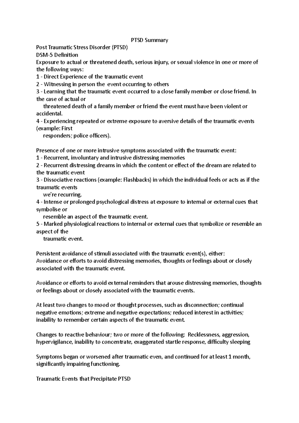 PTSD 2 Summary - In the case of actual or threatened death of a family ...