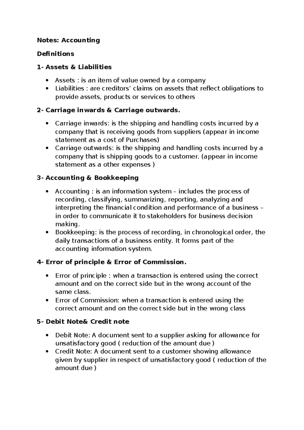 Accounting Notes - Notes: Accounting Definitions 1- Assets ...