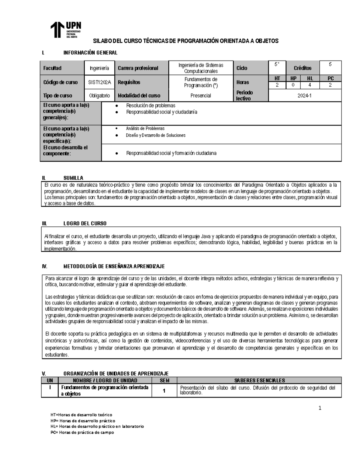 224413 SIST1202A - silabo - 1 HT=Horas de desarrollo teórico HP= Horas de desarrollo práctico HL ...