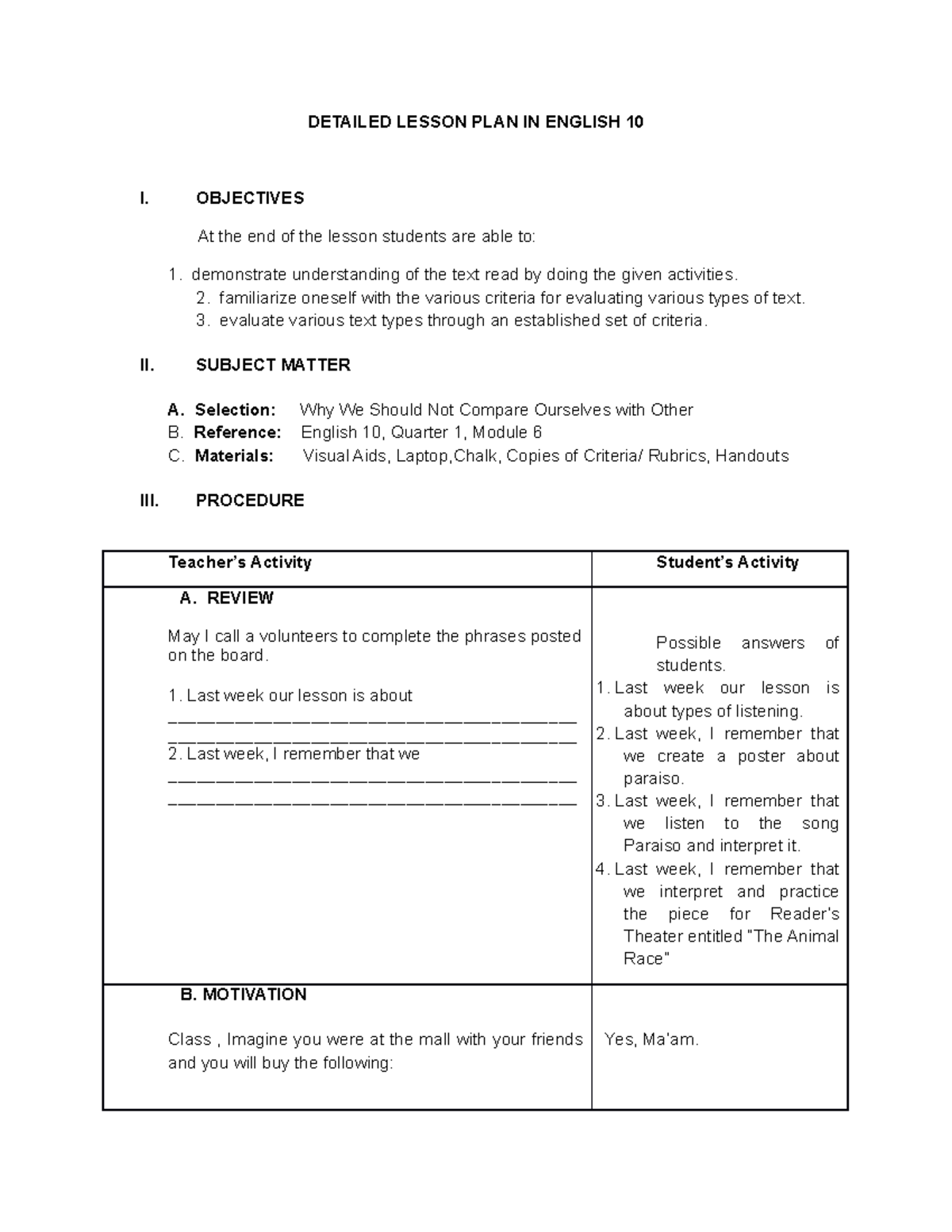 DLP Lesson PLAN- Edited - DETAILED LESSON PLAN IN ENGLISH 10 I ...