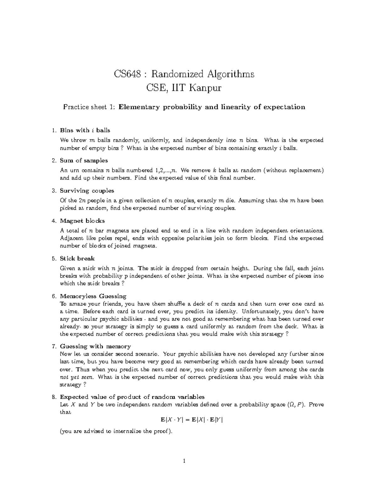 Practice-sheet-1 - practice problems - CS648 : Randomized Algorithms ...