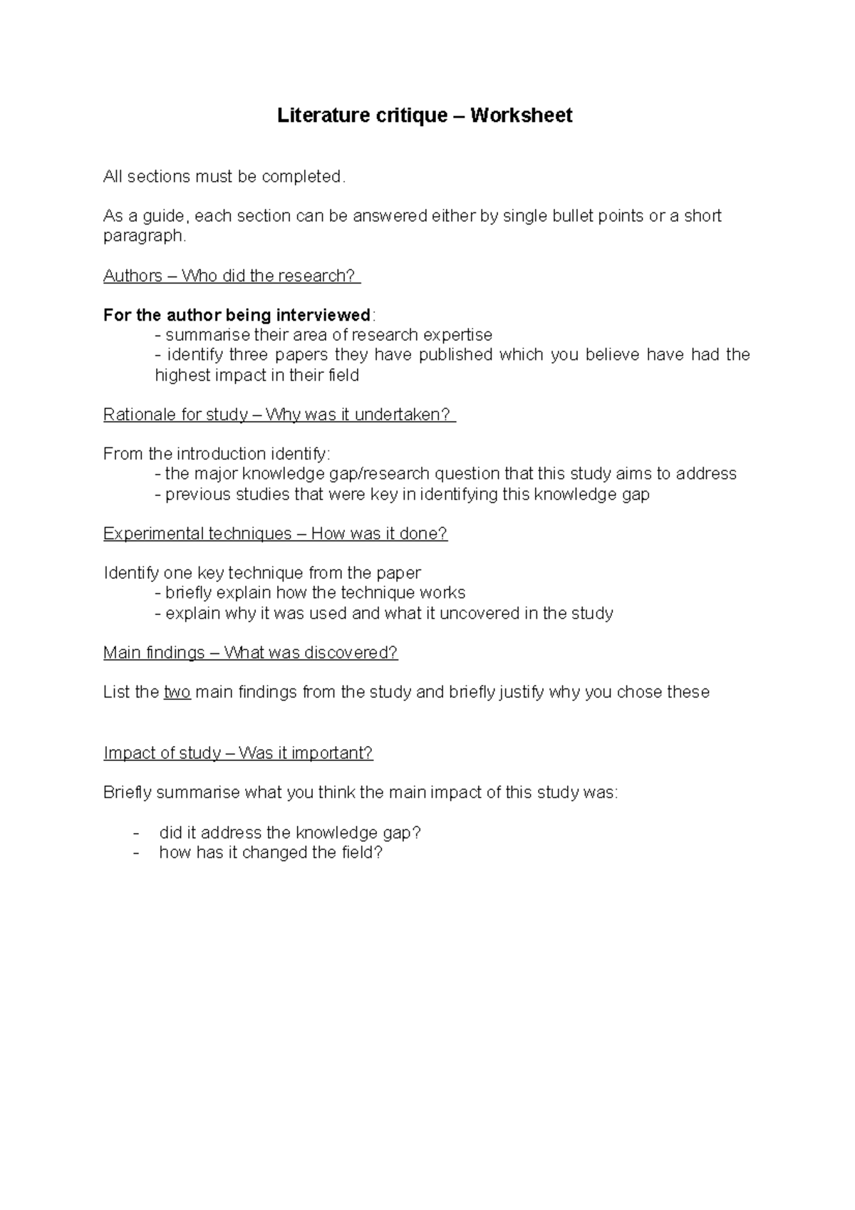 Literature critique - Worksheet - Literature critique – Worksheet All ...
