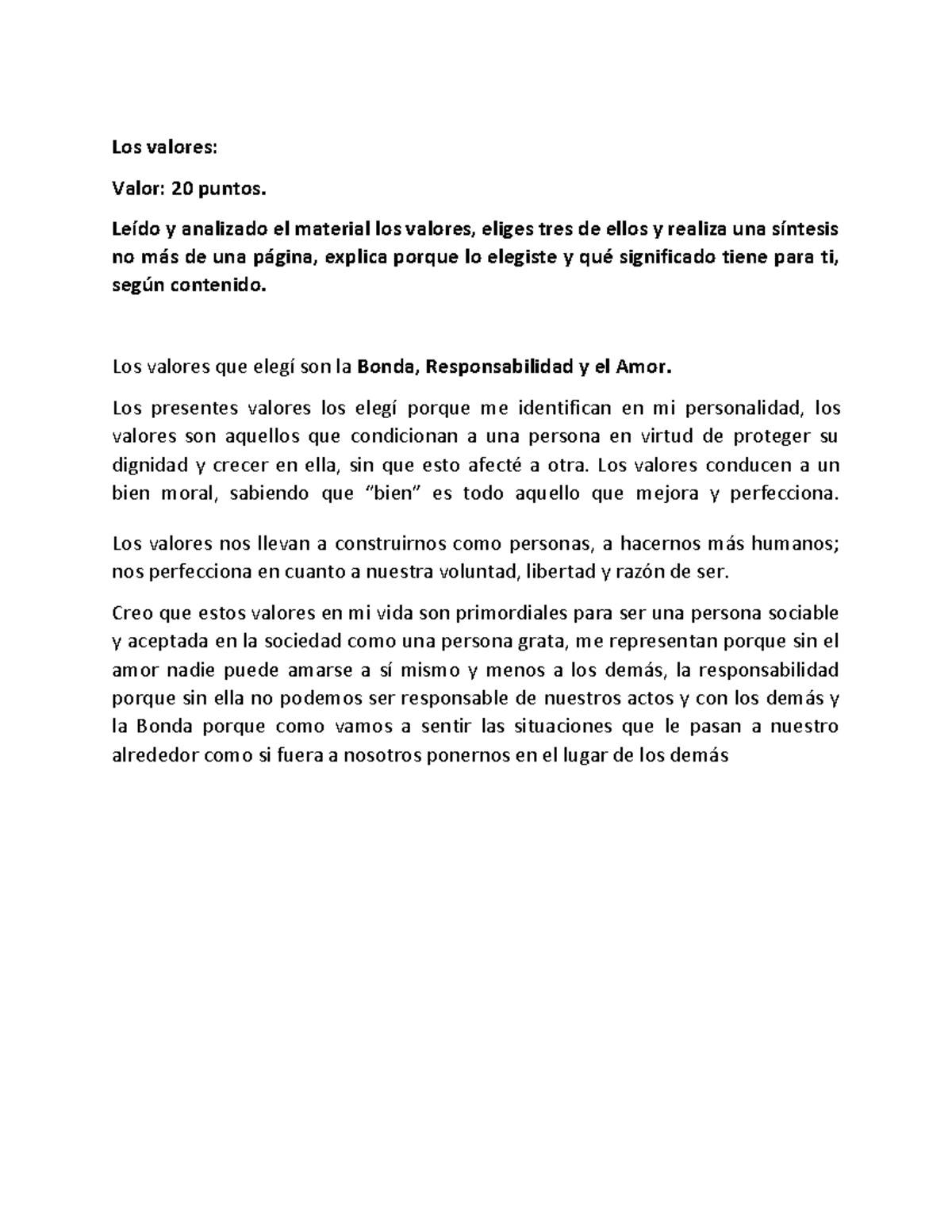 Actividad LOS Valores 1 - Los valores: Valor: 20 puntos. Leído y ...