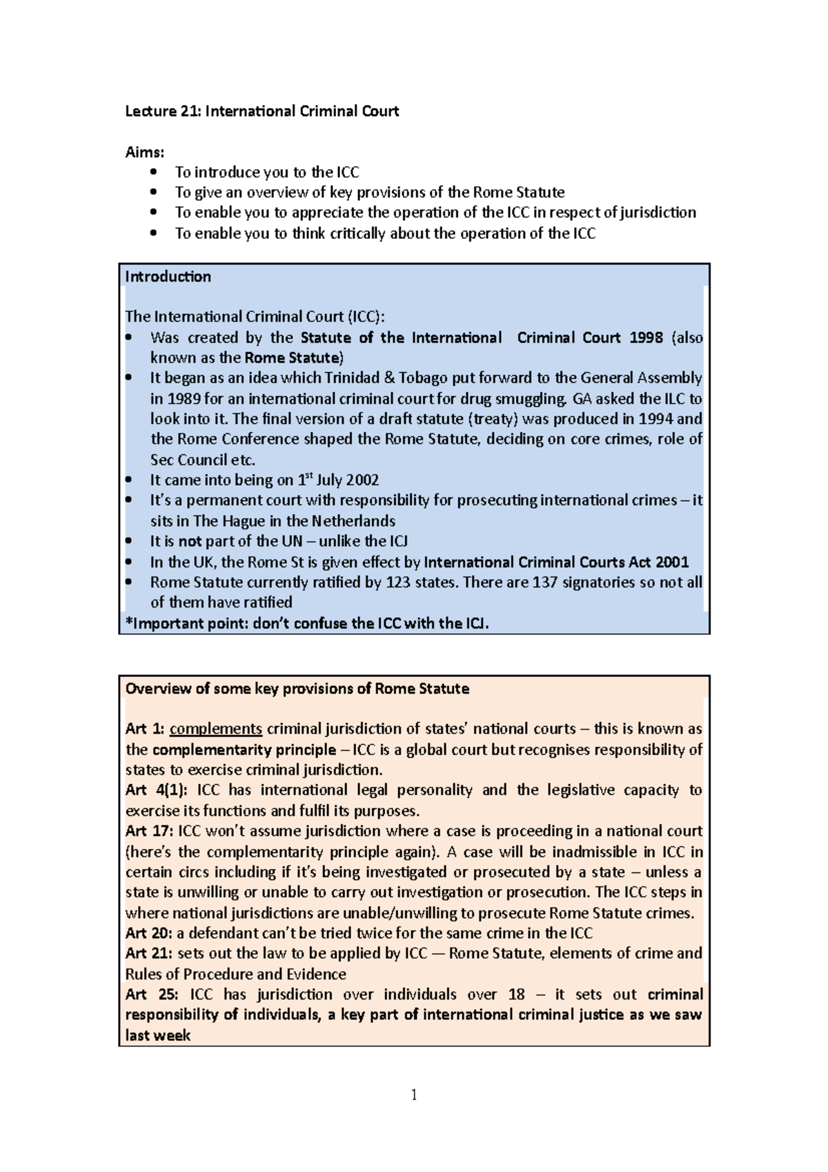 ICC full notes - 3rd year Int' Law - Lecture 21: International Criminal ...
