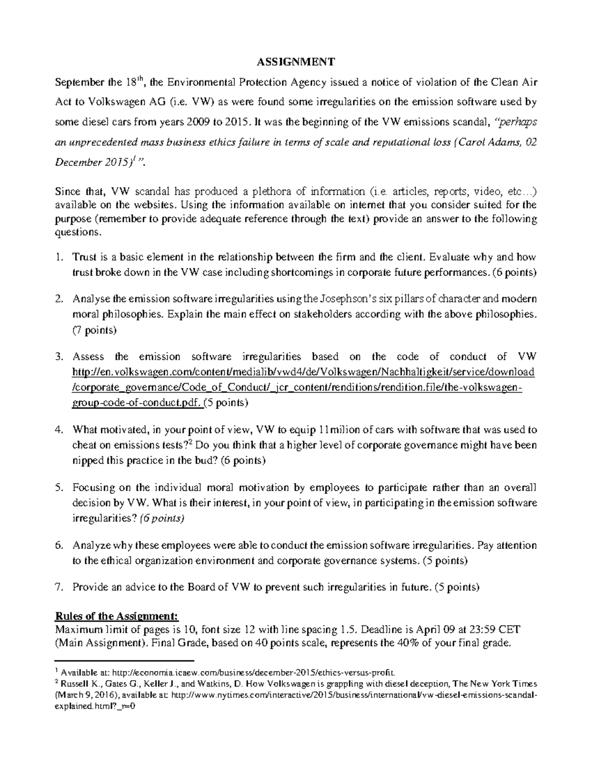 Seminar assignments - Assignment Volkswagen, questions - ASSIGNMENT ...
