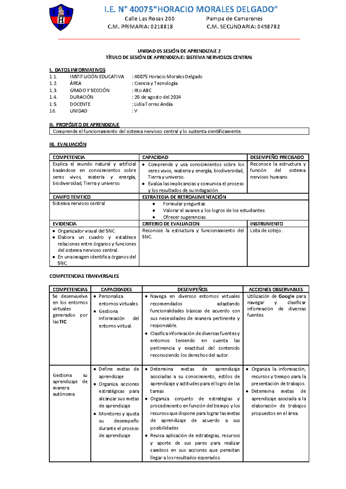 U5 S2 Sistema nervioso central - copia - I. N° 40075“HORACIO MORALES ...