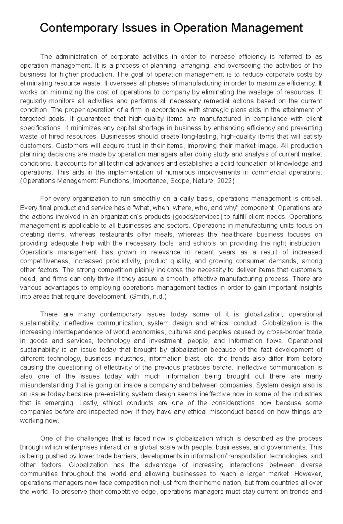 Contemporary Issues in Operation Management - It is a process of ...