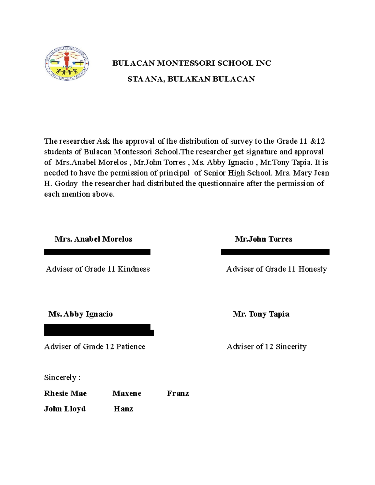 Letter-request for practical research - BULACAN MONTESSORI SCHOOL INC ...