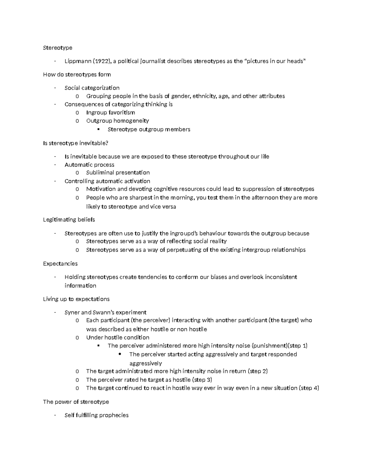 PSYC240 notes part-6 - Stereotype - Lippmann (1922), a political ...