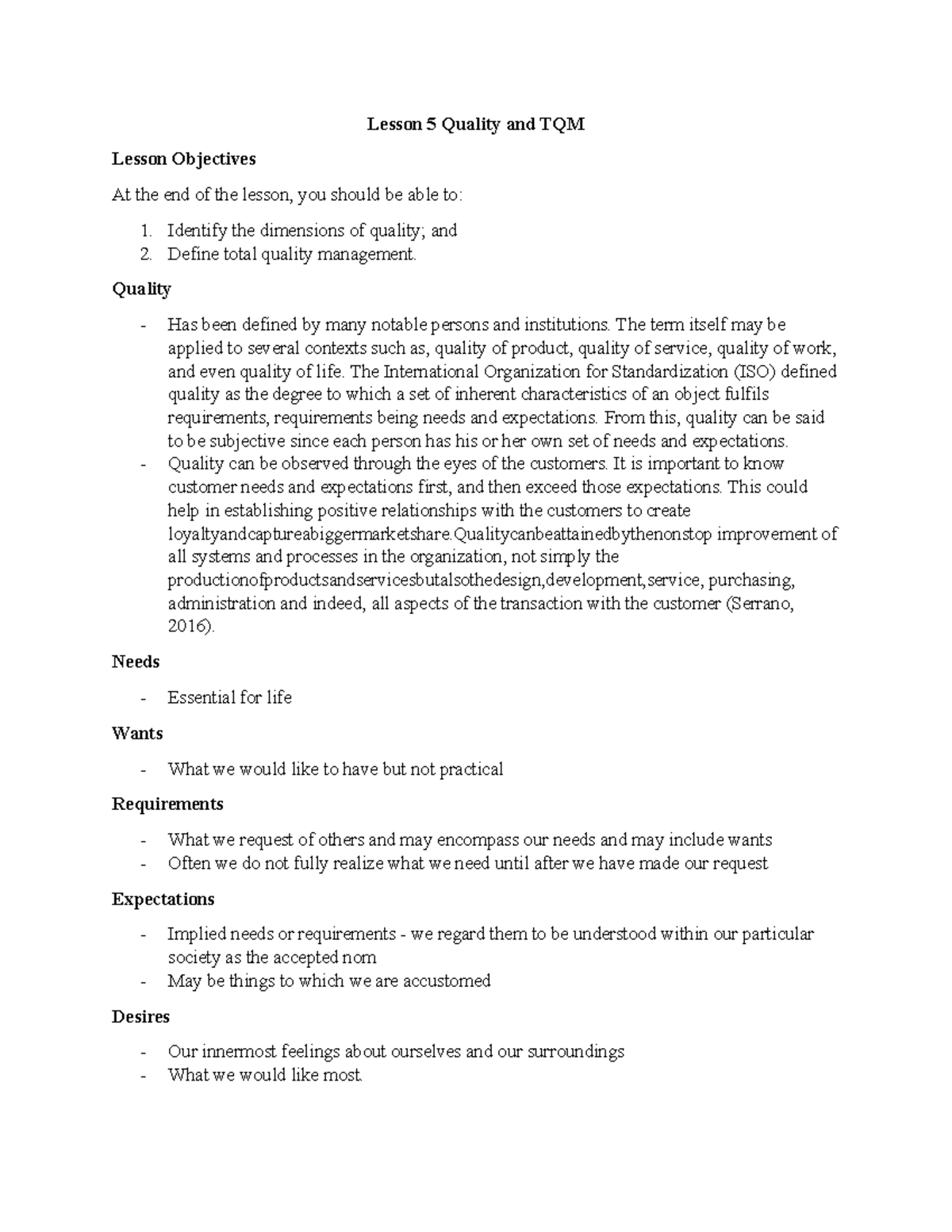 Lesson 5 Quality and TQM - Business Administration - Studocu