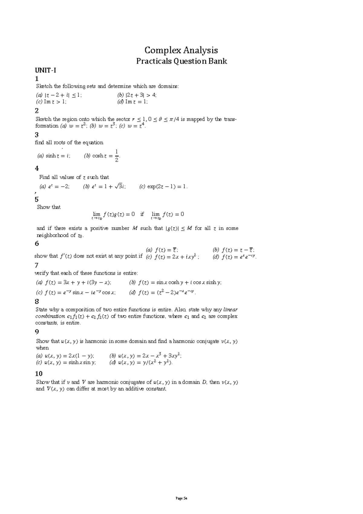 B.Sc Mathematics CBCS - Complex Analysis Practicals Question Bank UNIT-I 1 2 3 4 , 5 6 7 8 9 10 ...