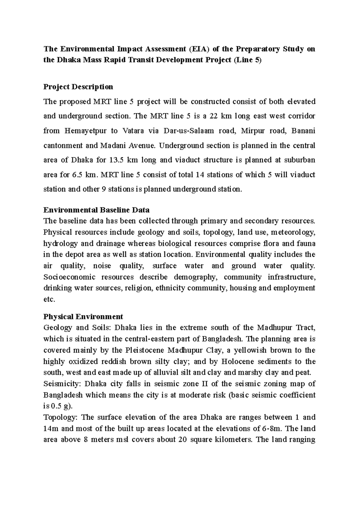 EIA of Metro Rail project - The Environmental Impact Assessment (EIA ...