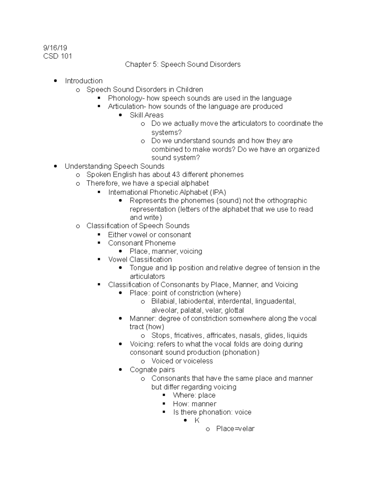 Chapter 5 Notes - 9/16/ CSD 101 Chapter 5: Speech Sound Disorders ...