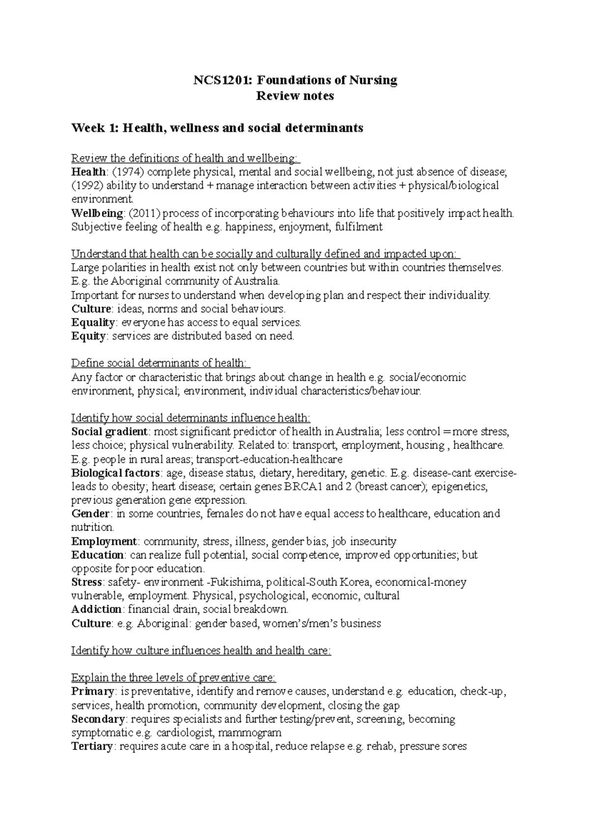 Review notes - NCS1201: Foundations of Nursing Review notes Week 1 ...