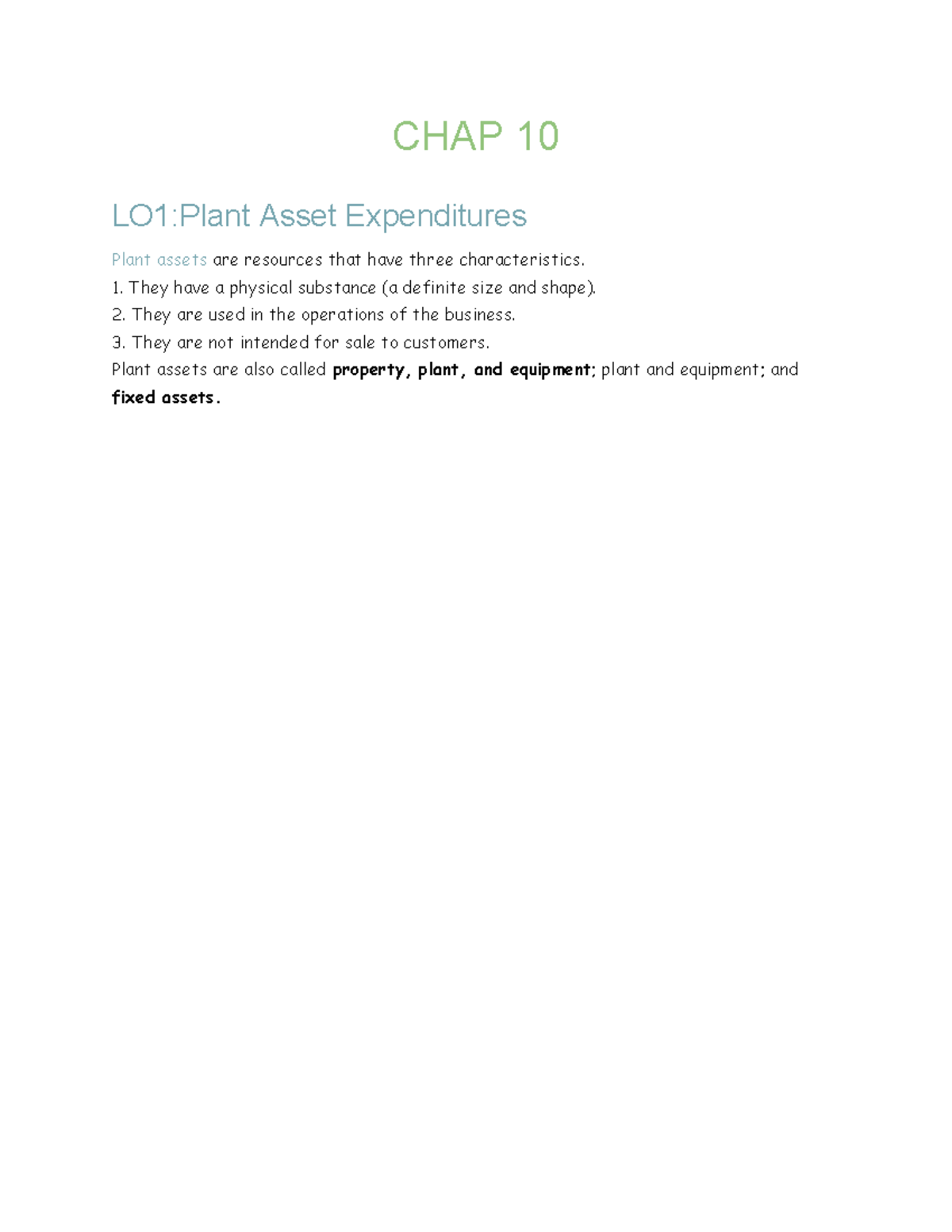 CHAP 10 - Summary Principles of Accounting - CHAP 10 LO1:Plant Asset ...