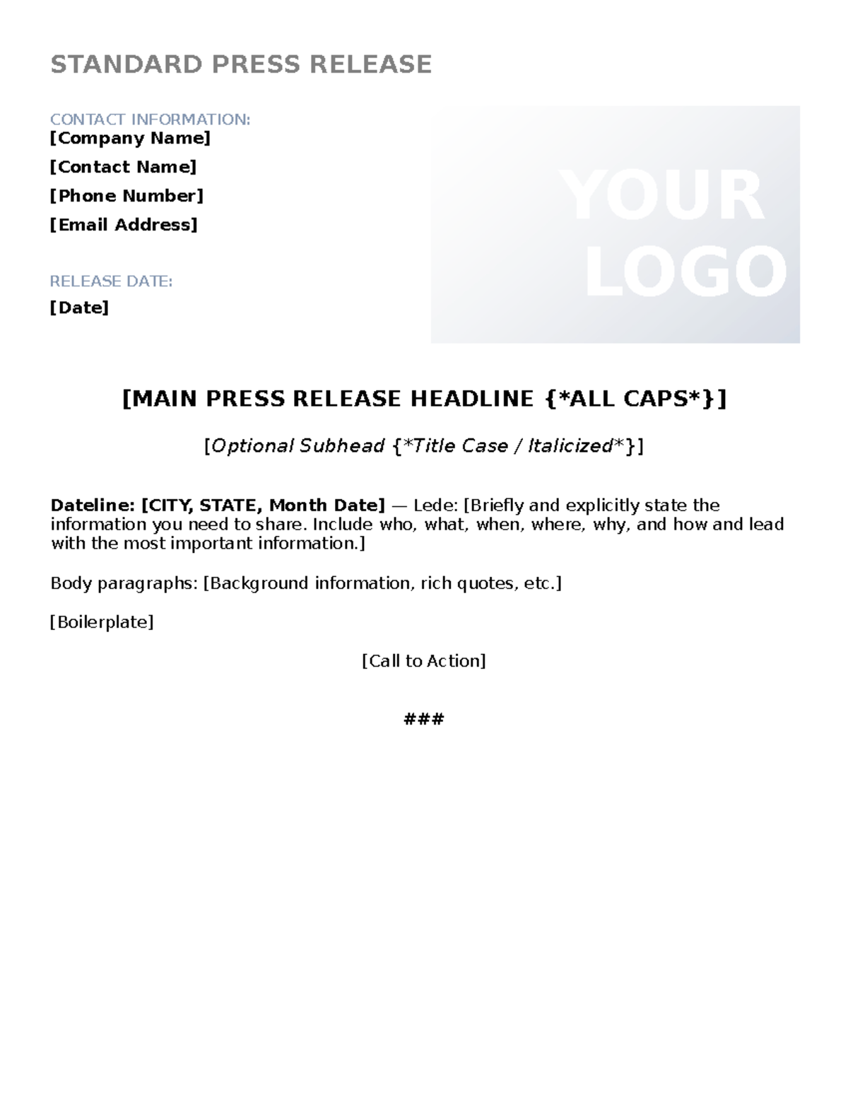 Media Release Template - STANDARD PRESS RELEASE CONTACT INFORMATION ...