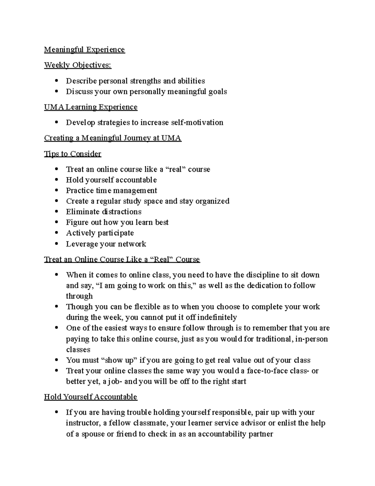 Meaningful Experience - Meaningful Experience Weekly Objectives ...