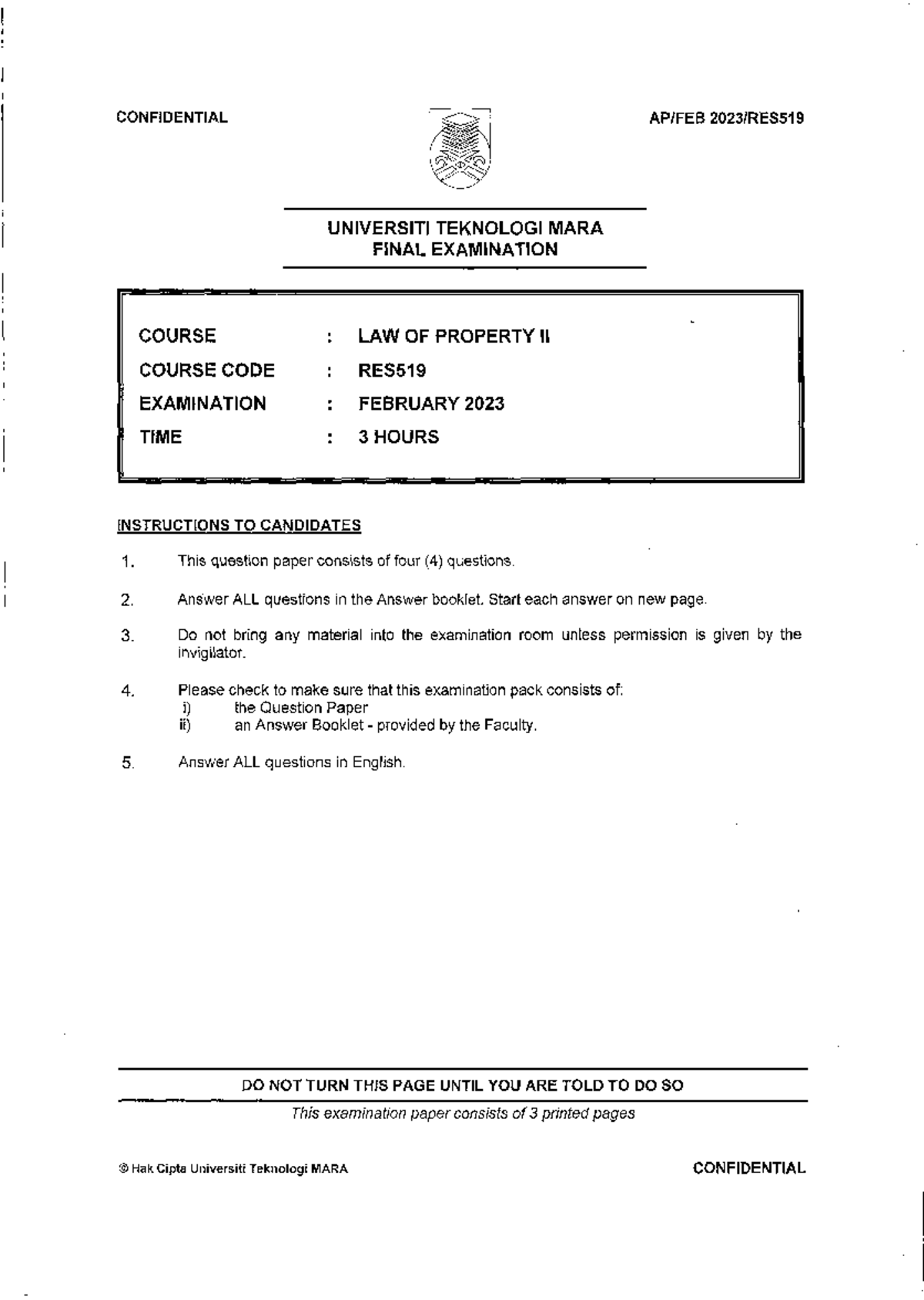 Past year question 2023 - CONFIDENTIAL AP/FEB 2023/RES UNIVERSITI TEKNOLOGI MARA FINAL ...