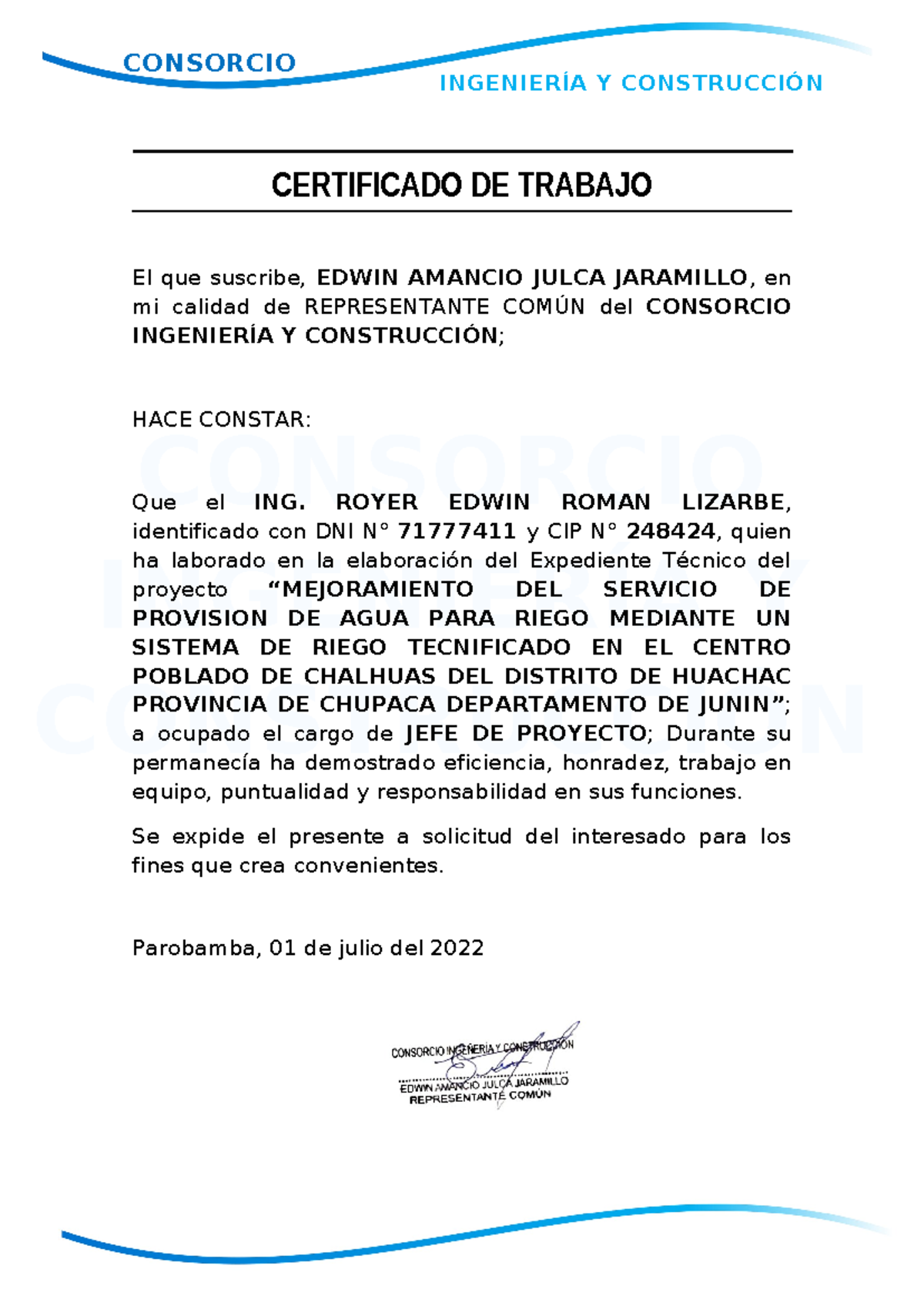01 Certificado DE Trabajo Consulturia Riego - INGENIERÍA Y CONSTRUCCIÓN CONSORCIO INGENIERÍA Y ...