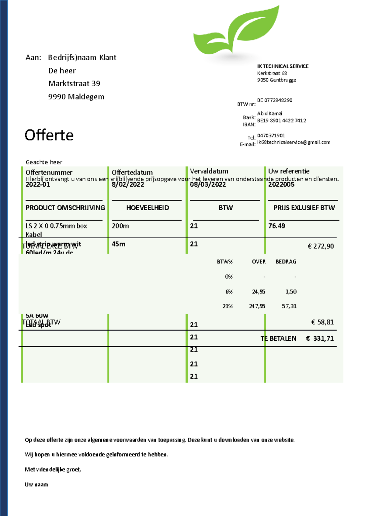 Voorbeeld Offerte in Factuurvorm - Offertenummer Offertedatum ...