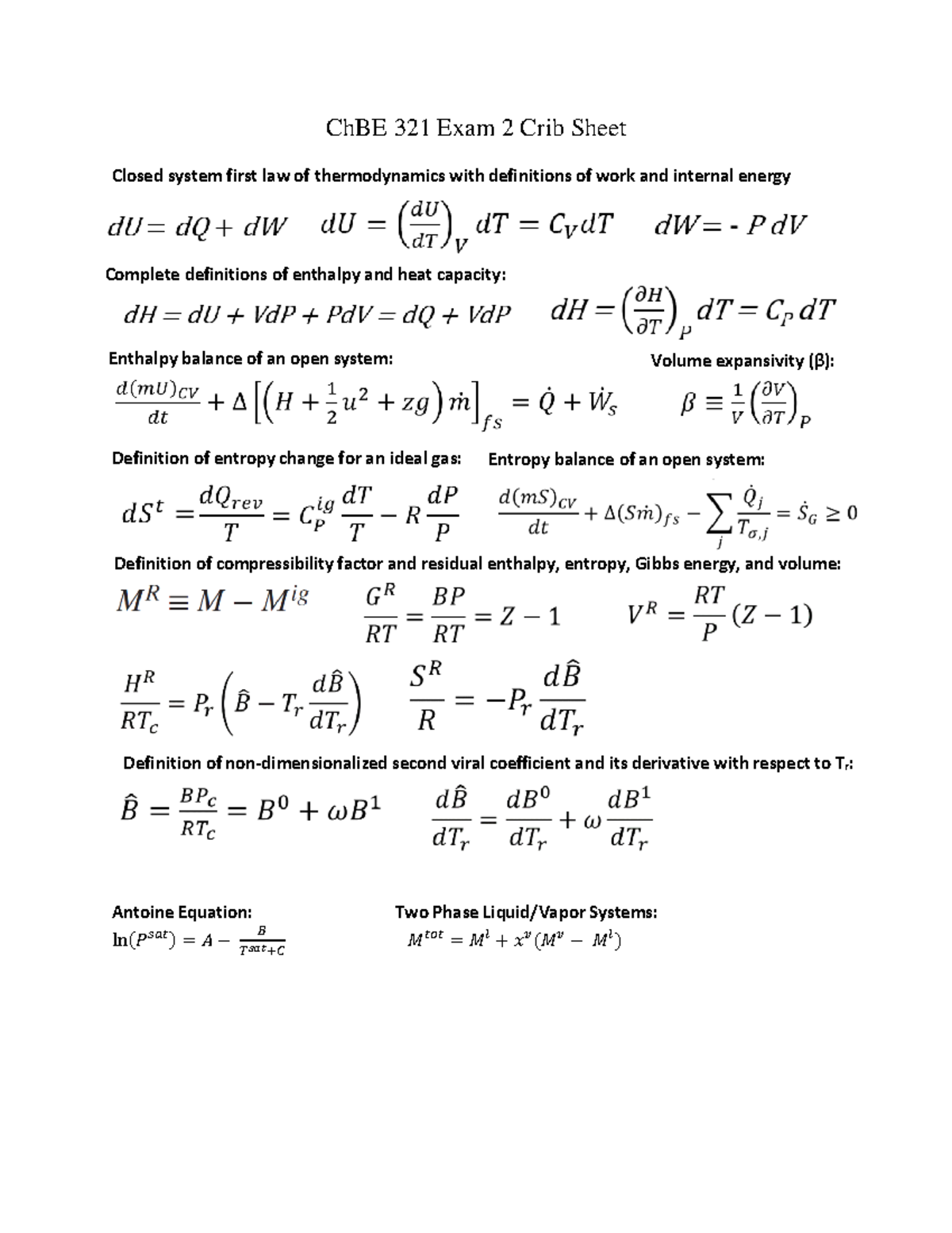 Exam-2 cheat sheet - ChBE 321 Exam 2 Crib Sheet Closed system first law ...