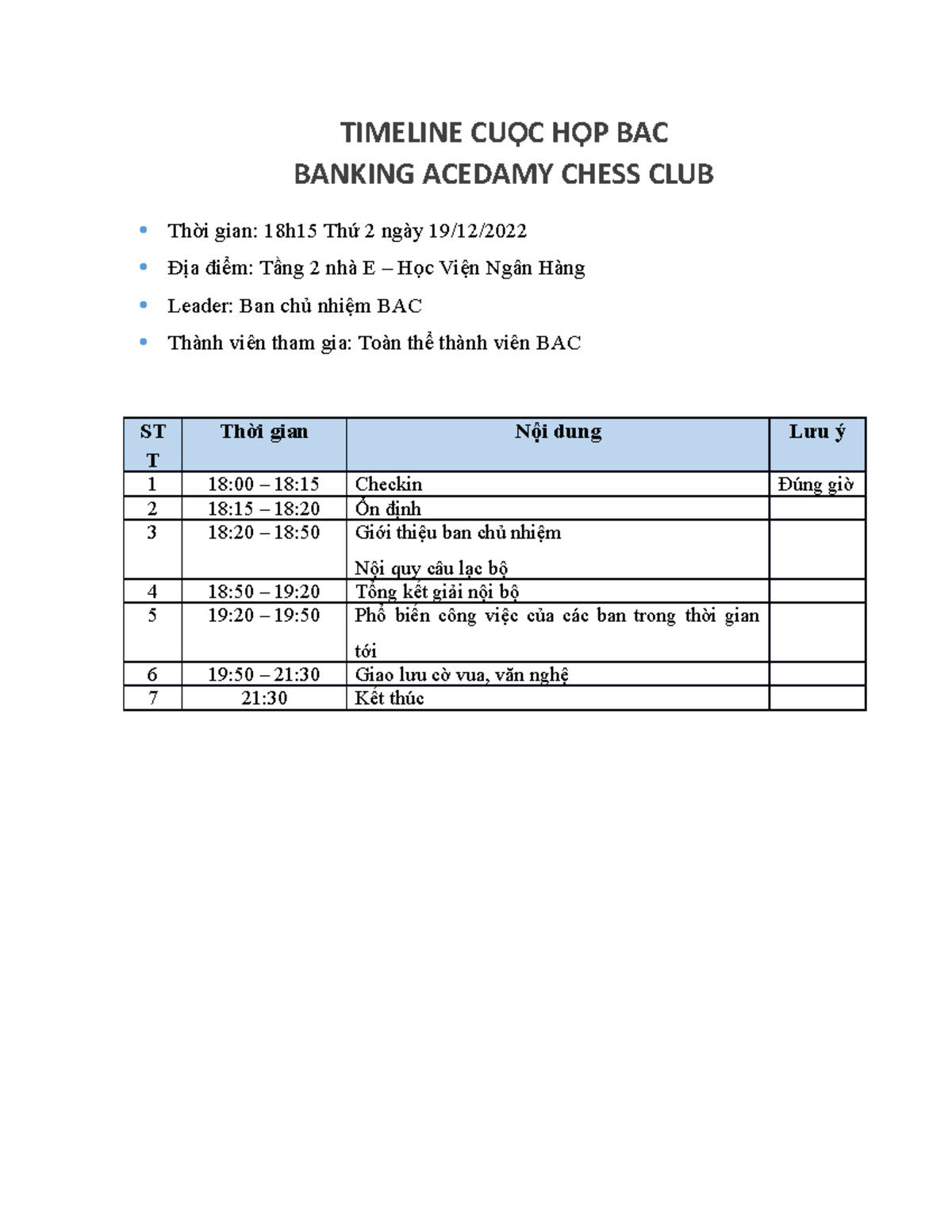 Timeline CUỘC HỌP BAC - TIMELINE CU ỘC H ỌP BAC BANKING ACEDAMY CHESS ...