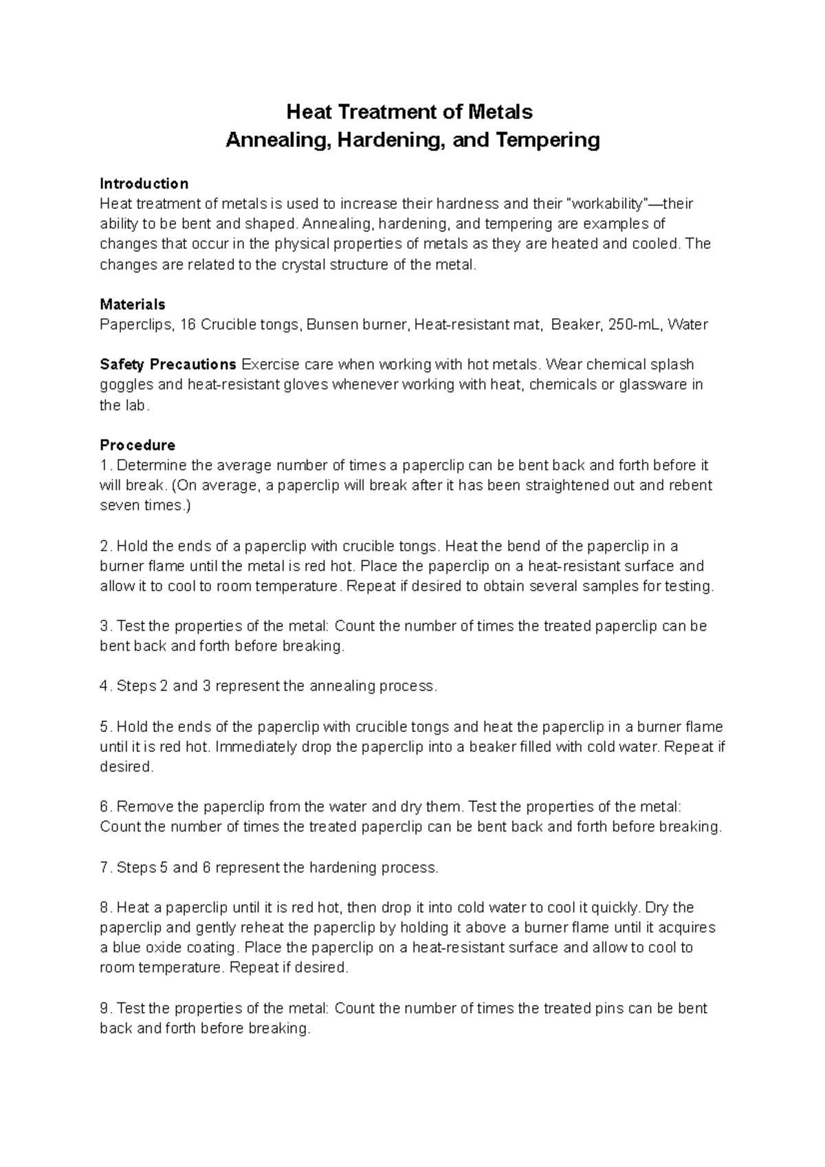 Modifying Metals Experiment - Heat Treatment of Metals Annealing ...