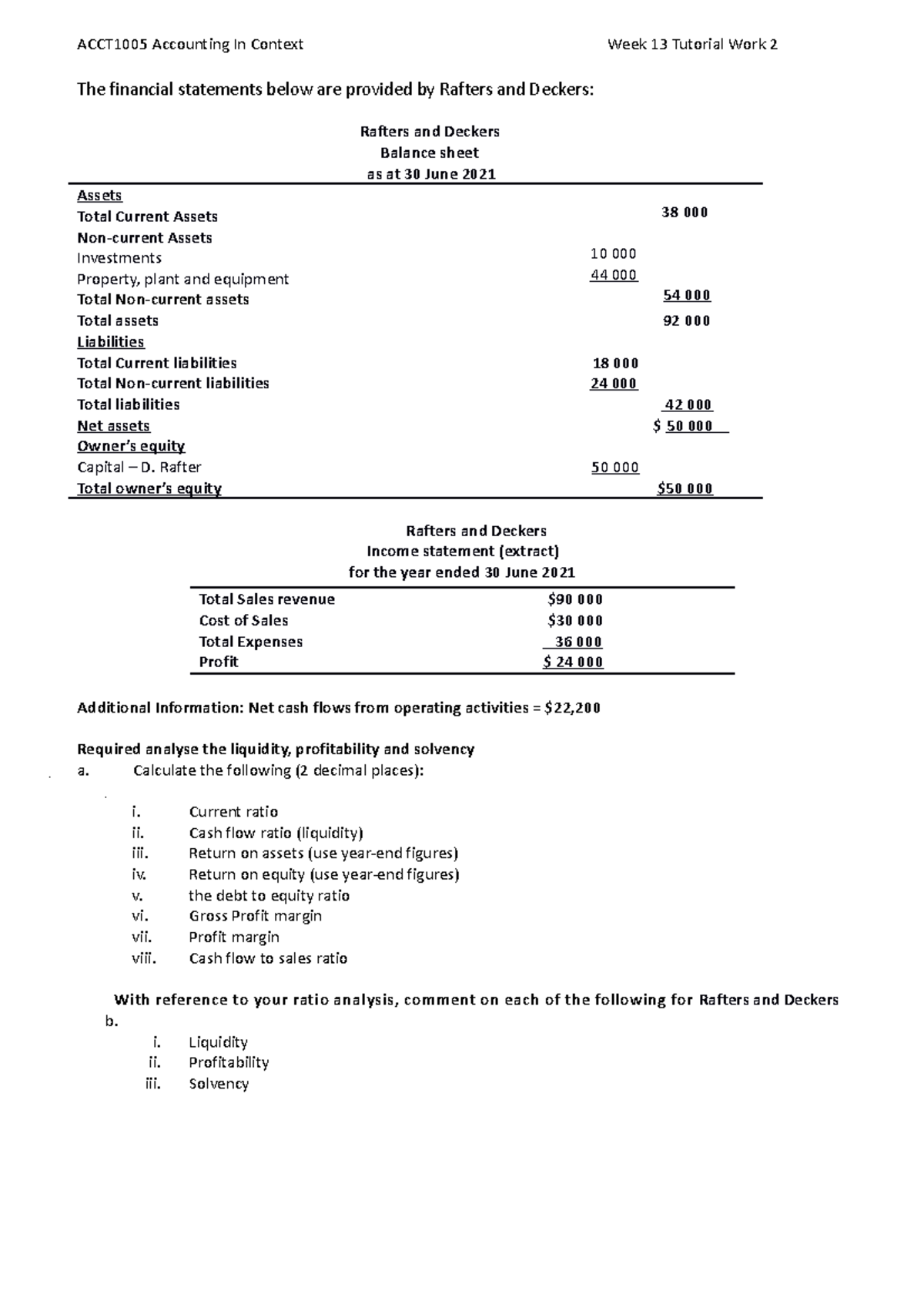 Week 13 Tutorial Question 2 - ACCT1005 Accounting In Context Week 13 Tutorial Work 2 The ...