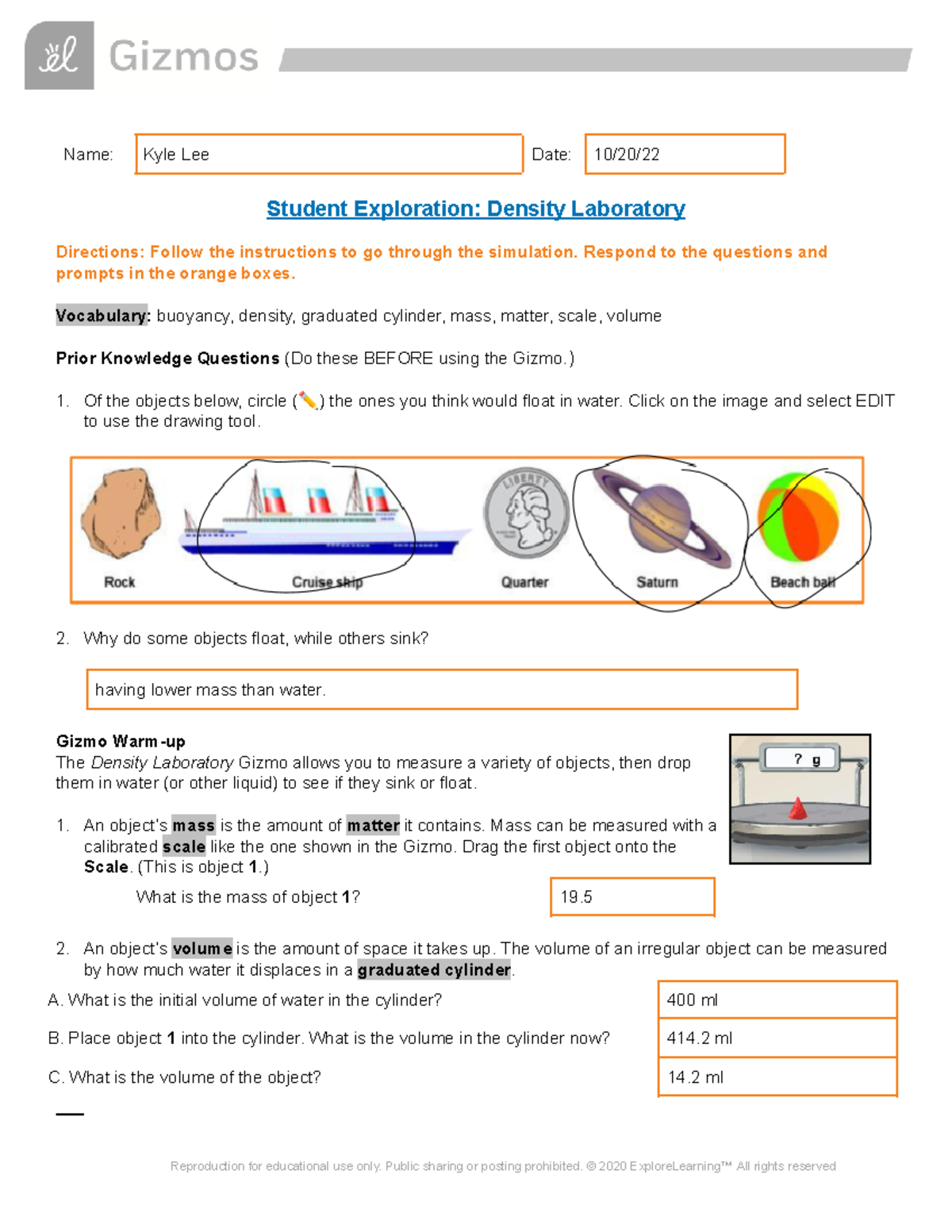 Gizmos- Density Lab - Name: Kyle Lee Date: 10/20/ Student Exploration ...