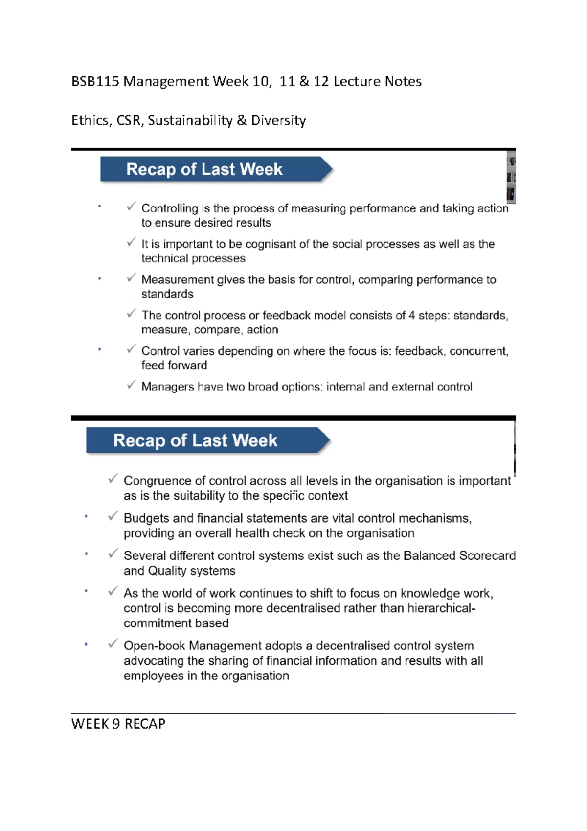 BSB115 Management Week 10-11 Lecture notes - BSB115 Management Week 10 ...