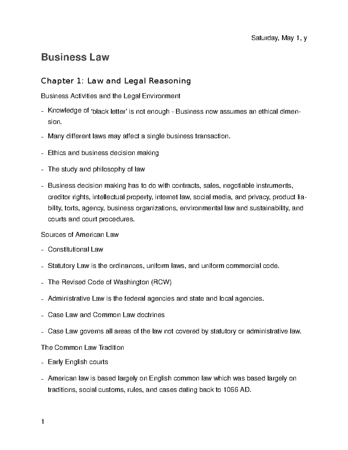 B-Law Chapter 1 - Monday, August 26, y Business Law Chapter 1: Law and ...