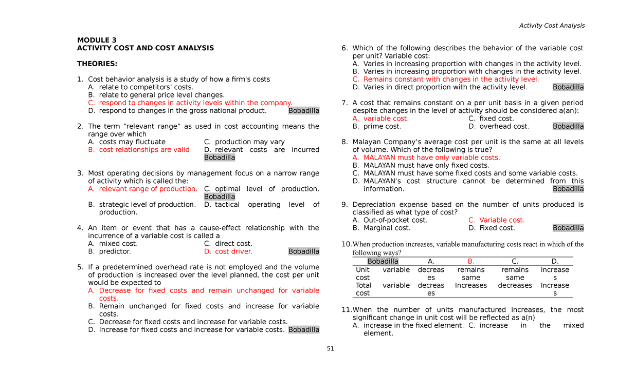 03 x03 Activity Costs WP - Activity Cost Analysis MODULE 3 ACTIVITY COST AND COST ANALYSIS ...